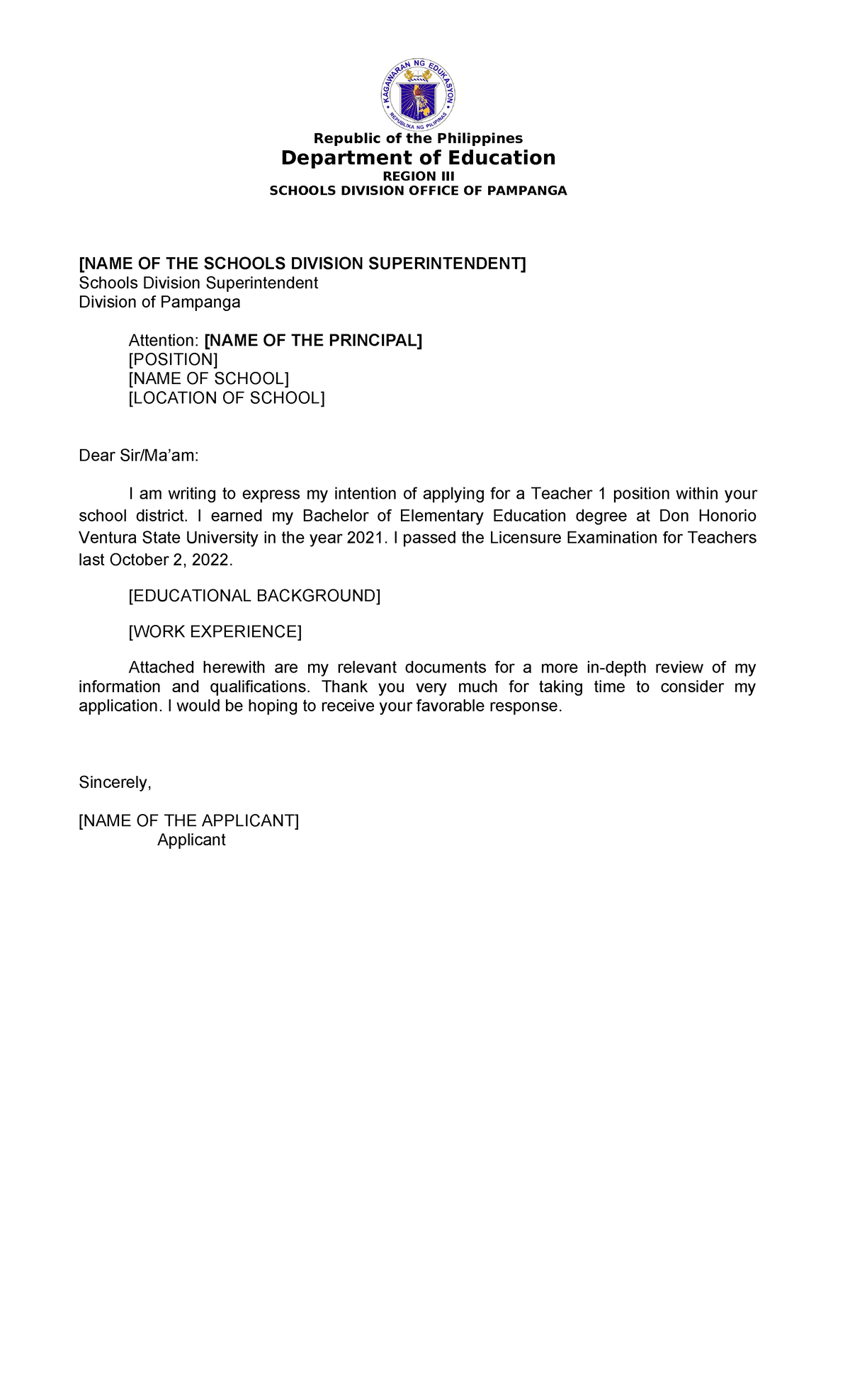 Letter OF Intent (V1) - Republic of the Philippines Department of ...