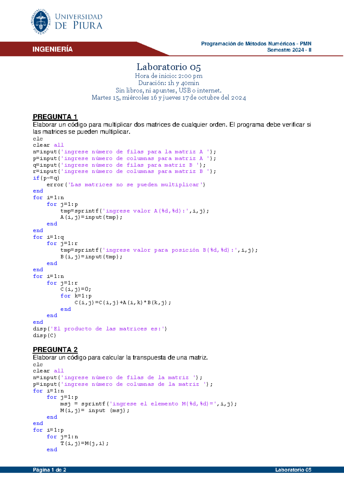 Laboratorio pmn - Programación de Métodos Numéricos - PMN Semestre 202 4 - II Página 1 de 2 ...