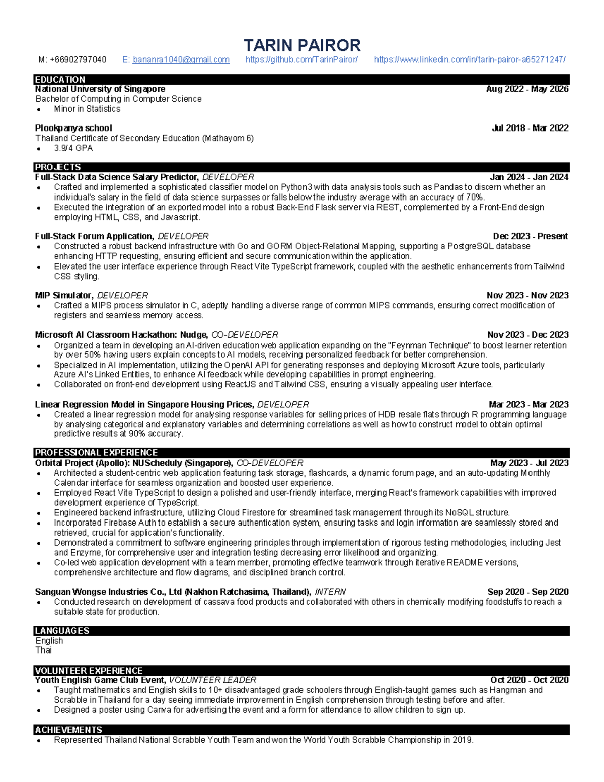 Pairor Tarin Resume - TARIN PAIROR M: +66902797040 E: bananra1040@gmail github/TarinPairor ...