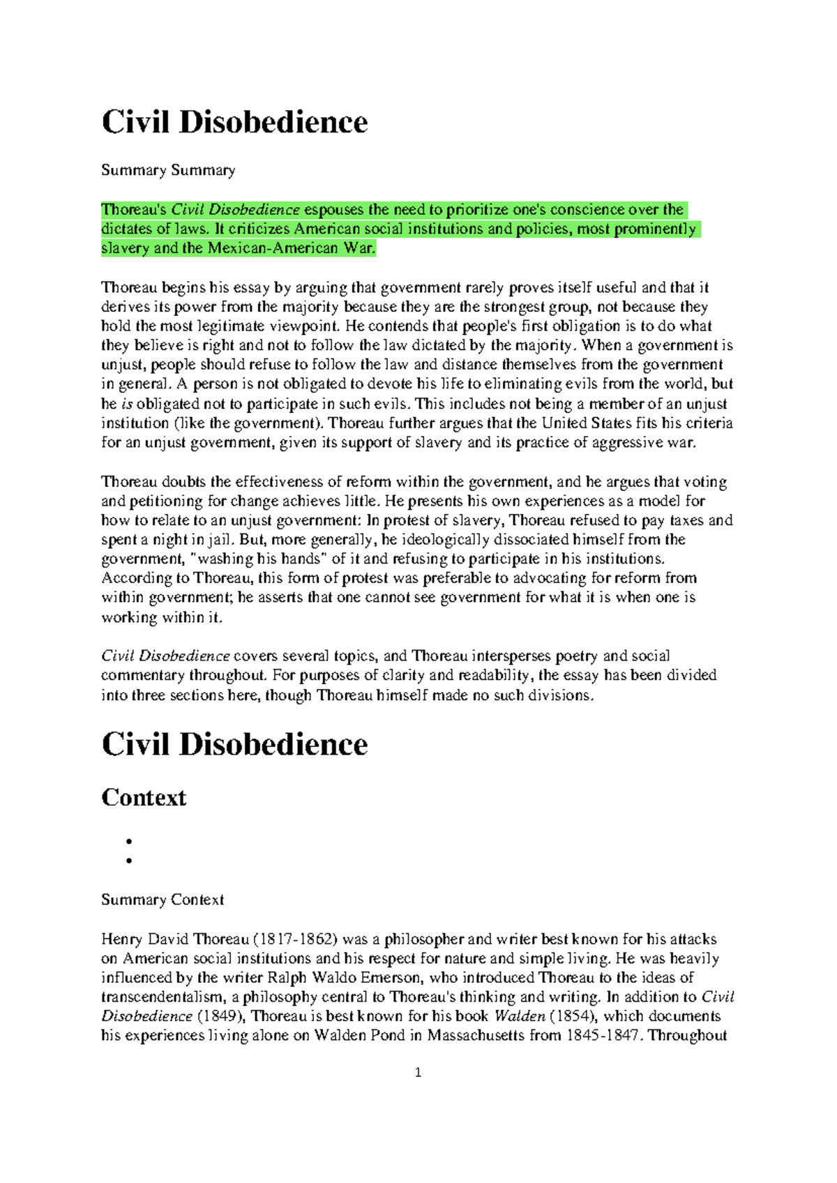 Civil-Disobedience - essay - Civil Disobedience Summary Summary Thoreau ...