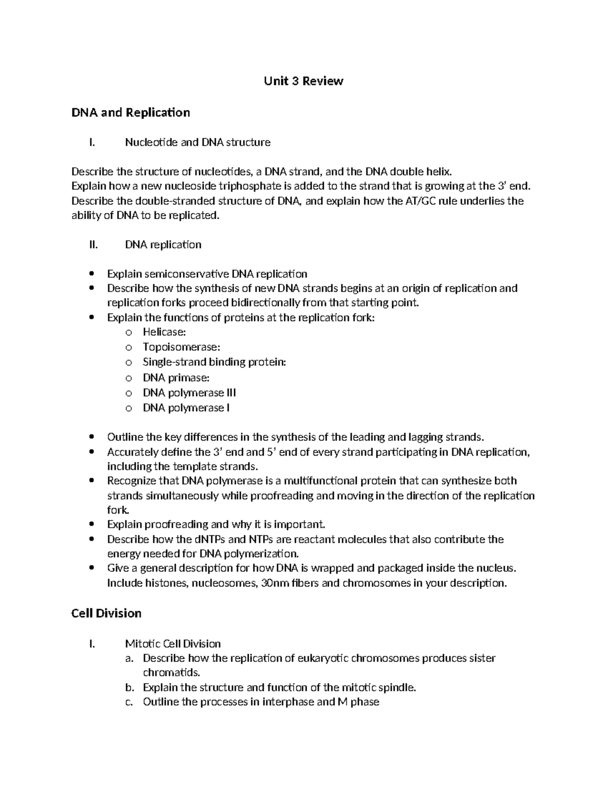 Unit 3 Review Cell Cycle - Unit 3 Review DNA and Replication I ...