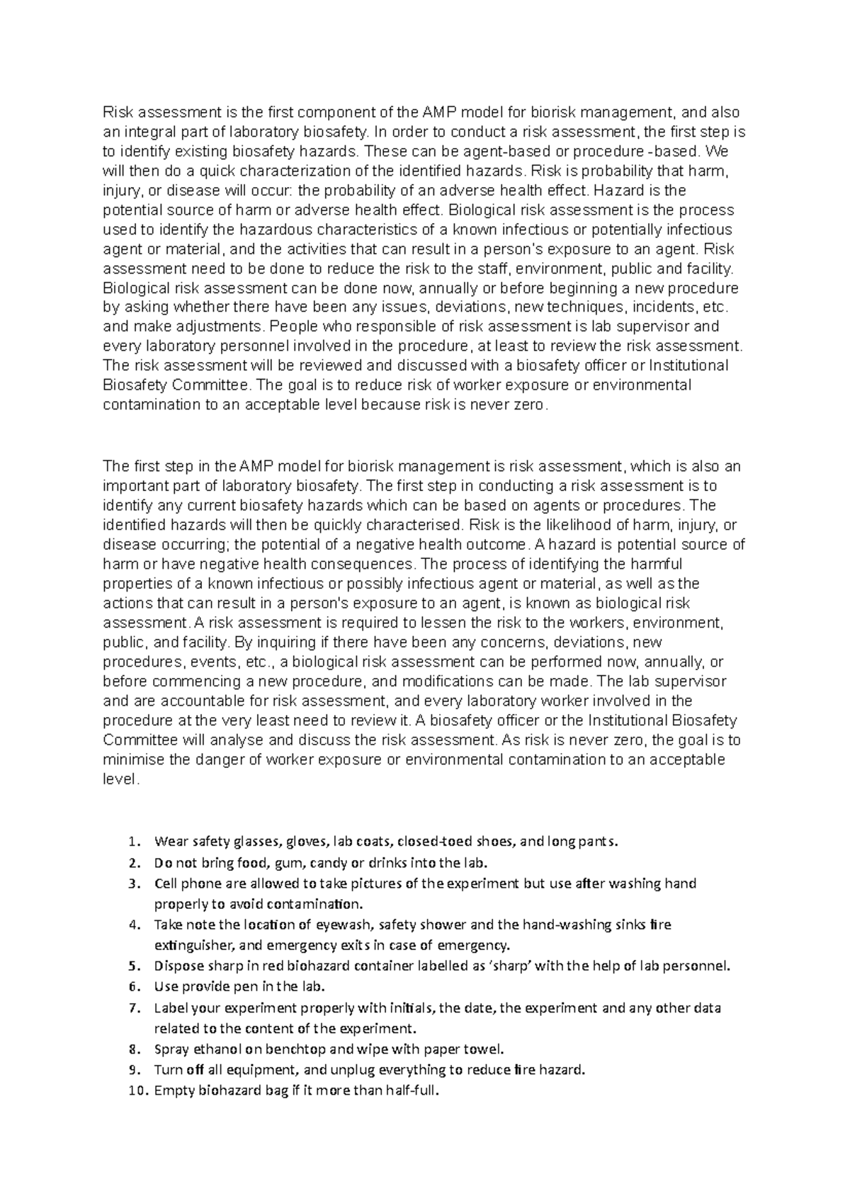 LAB Reports - AMP Model of Biorisk Assessment - Risk assessment is the ...