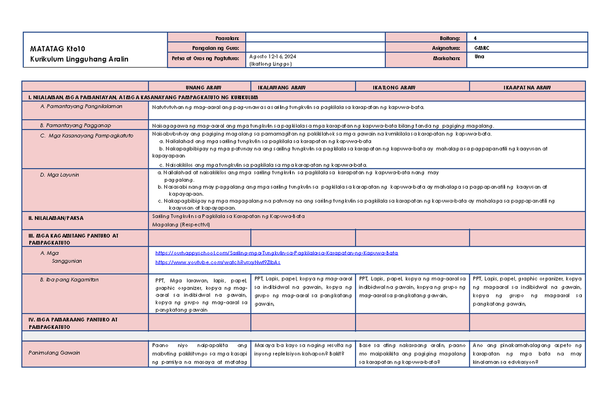 GMRC4 Q1 W3 LE - dsadas - MATATAG Kto Kurikulum Lingguhang Aralin ...