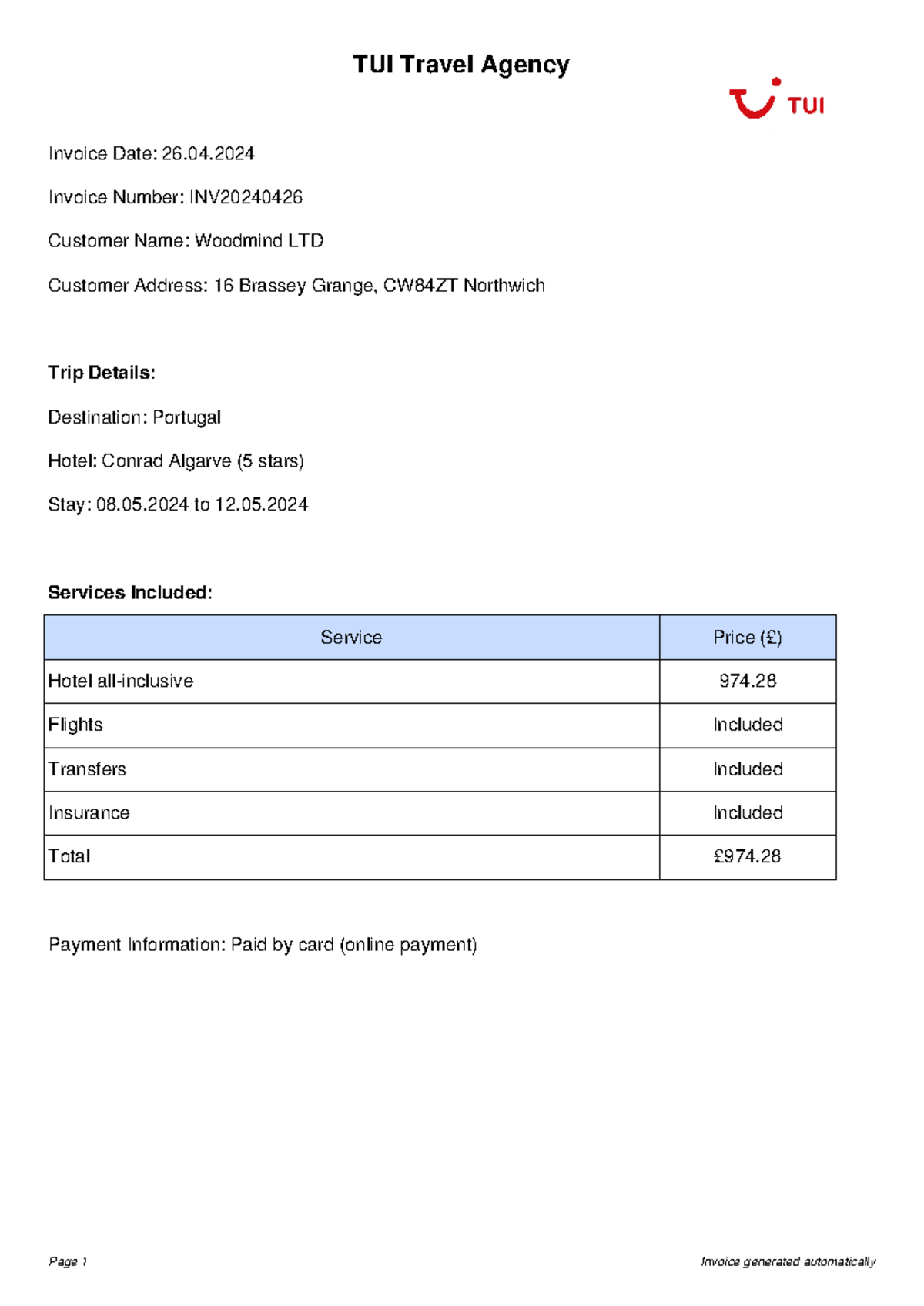 Invoice tui professional - LW4049 - TUI Travel Agency Invoice Date: 26 ...