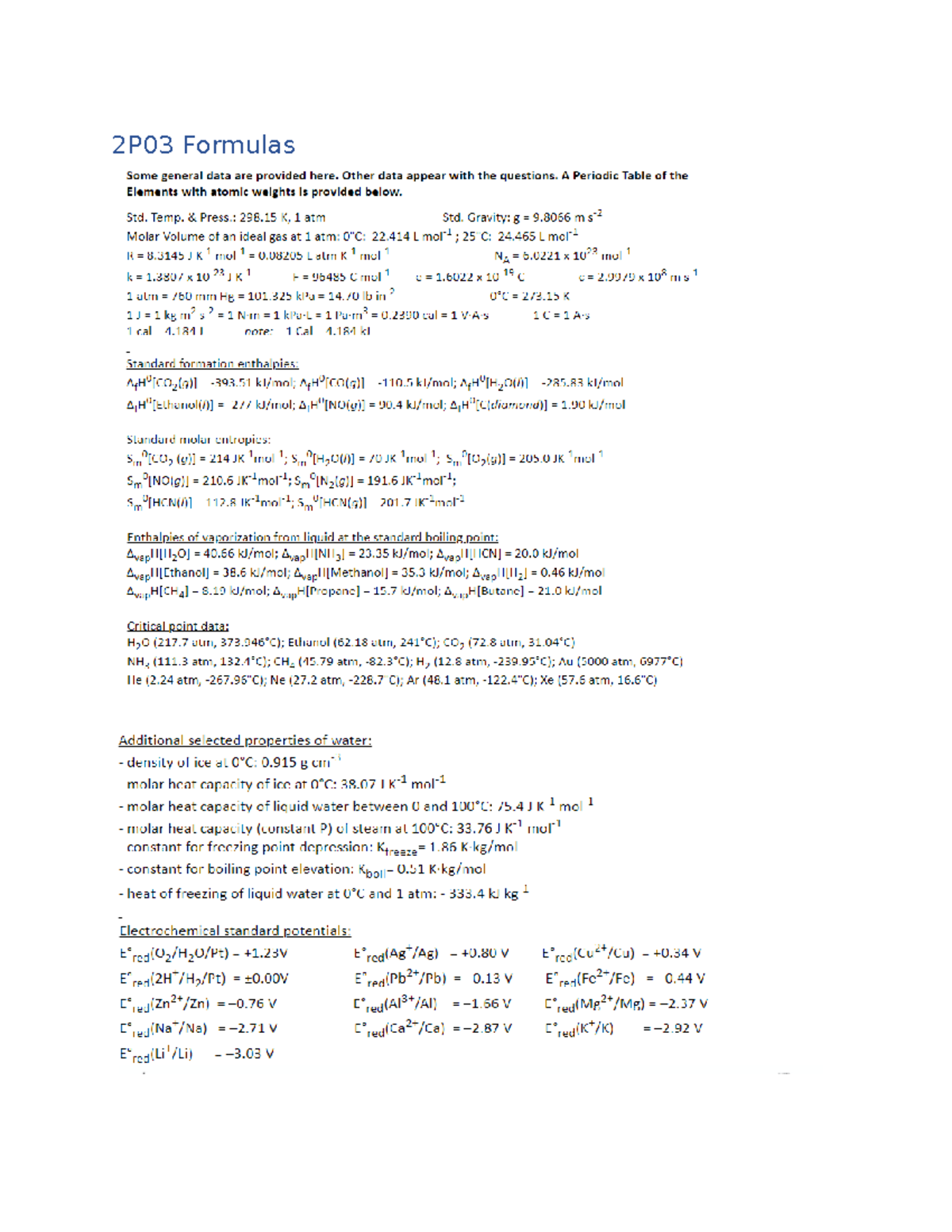 CHEM Chembio 2P03 Formulas - Chem Bio 2P03 - 2P03 Formulas - Studocu