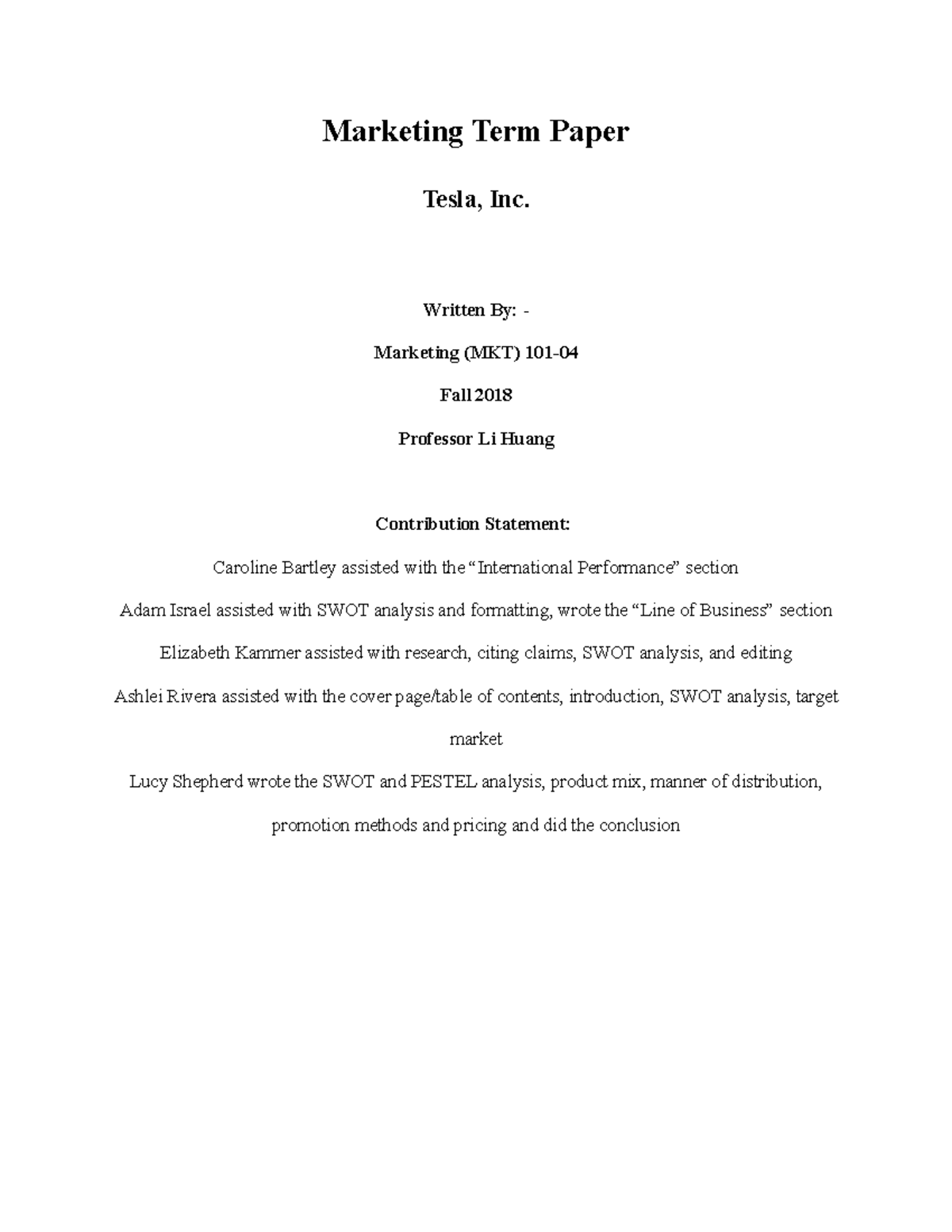 Final Project Part 1 - Marketing Term Paper Tesla, Inc. Written ...