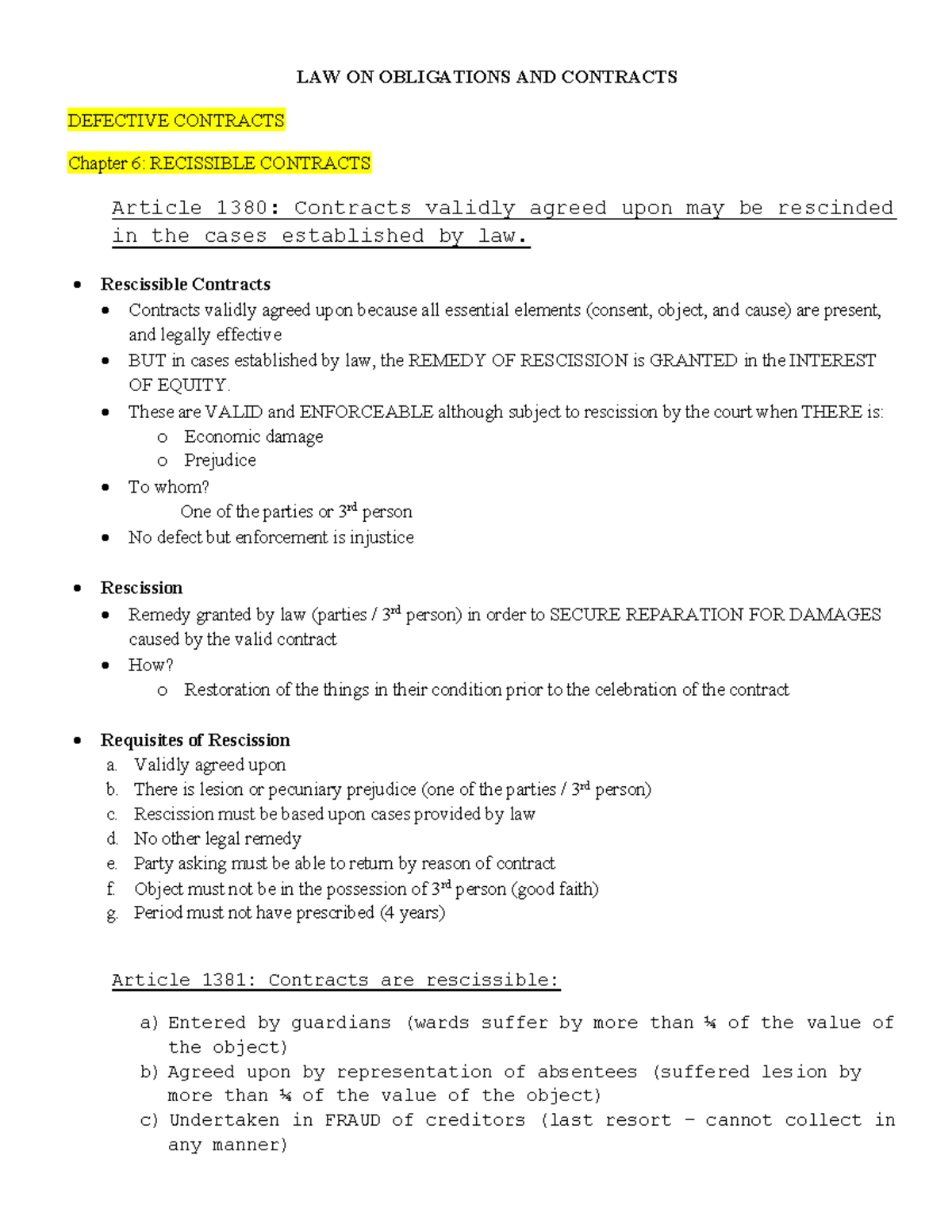 Defective Contracts - LAW ON OBLIGATIONS AND CONTRACTS DEFECTIVE ...