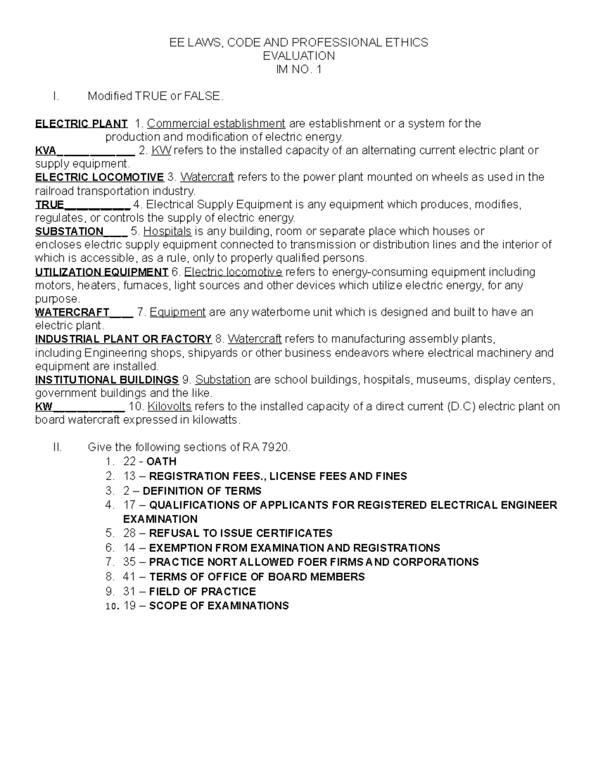 EE LAWS,CODE AND Ethics Evaluation IM NO. 1 - EE LAWS, CODE AND ...