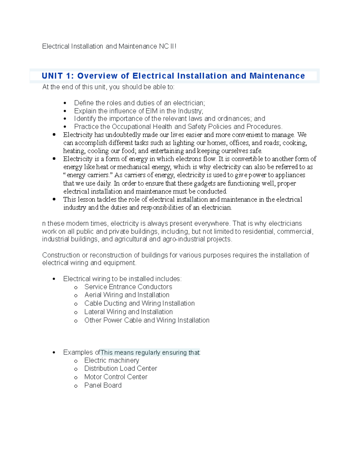 Electrical Installation and Maintenance NC II - Electricity has ...
