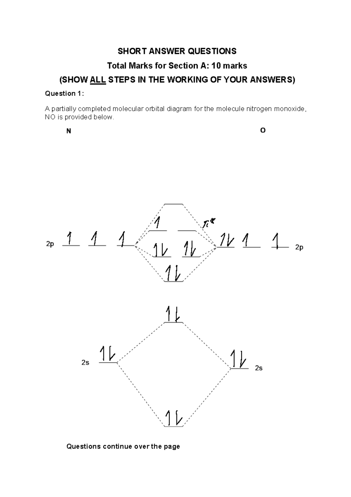 CHEM1100 PART A Question Paper - SHORT ANSWER QUESTIONS Total Marks for ...