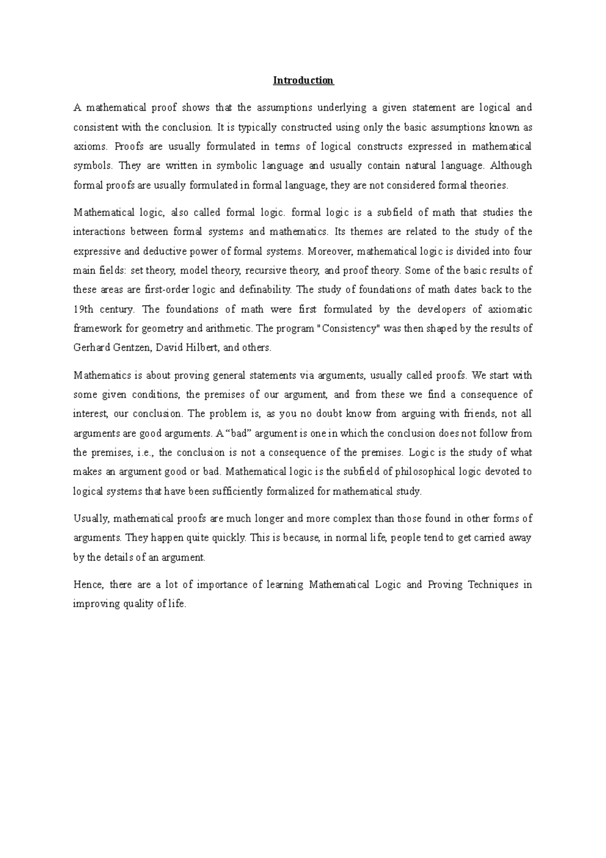 Essay Assignment Math Logic - Introduction A mathematical proof shows ...