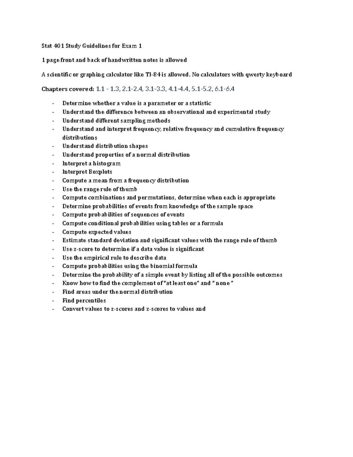 Exam 1 Prep Guide - Stat 401 Study Guidelines for Exam 1 1 page front ...