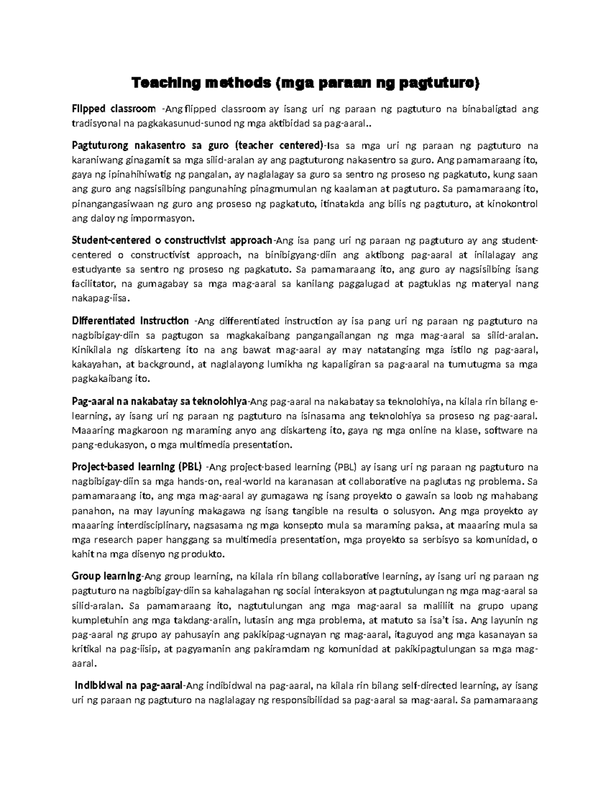 Filipino assignment - Teaching methods (mga paraan ng pagtuturo ...