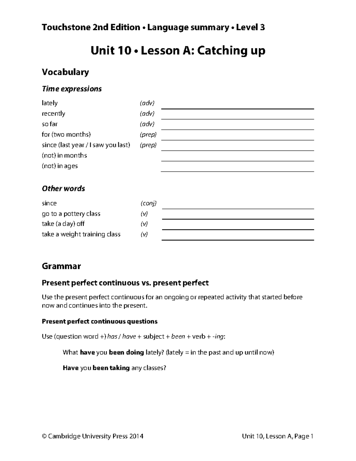 TS2e L3 U10 LA Langsum - Touchstone 2nd Edition • Language summary • Level 3 Unit 10 • Lesson A ...