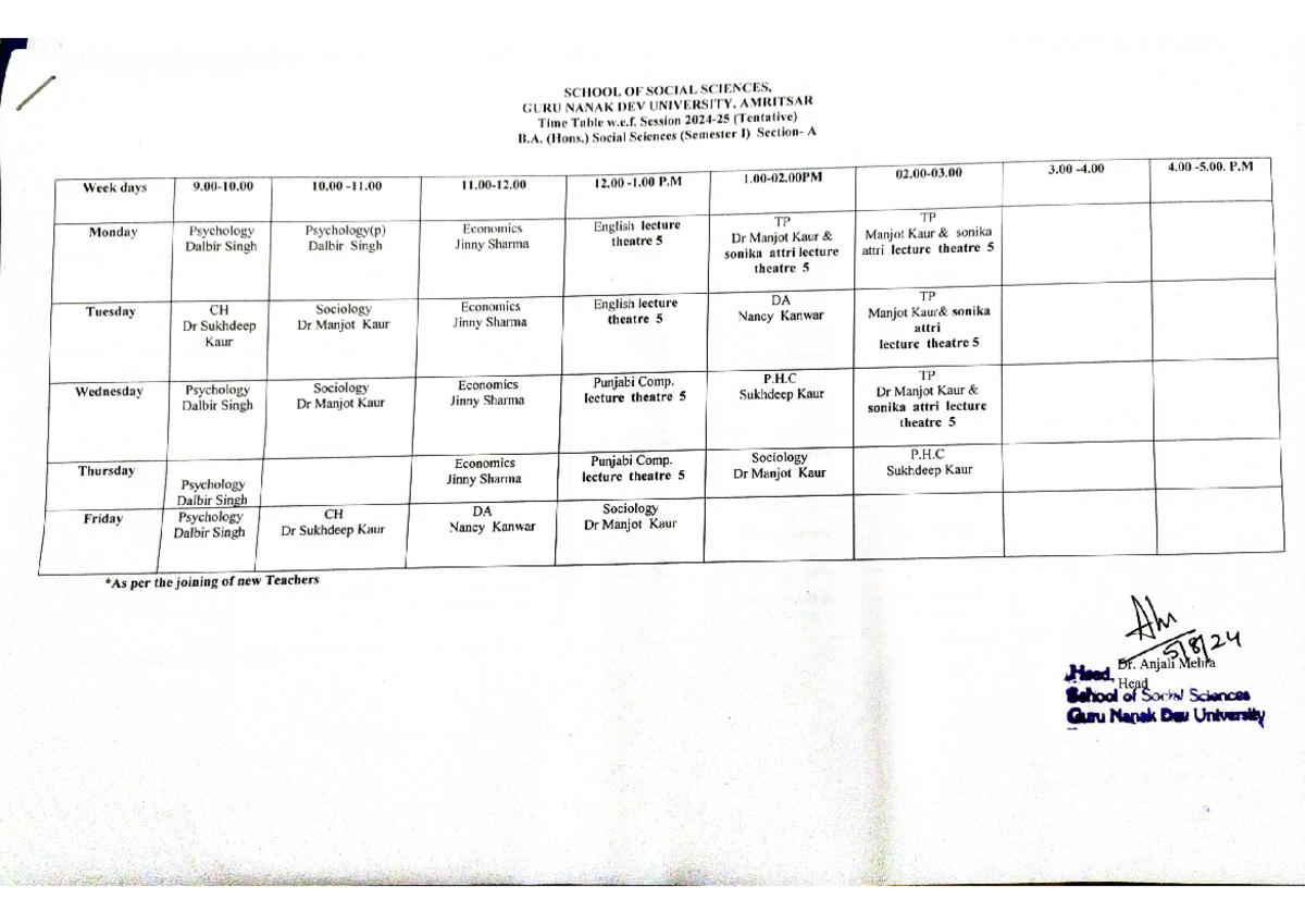 1st sem revised time table 2024-25 - SCHOOL OF SOCIAL SCIENCES, GURU ...