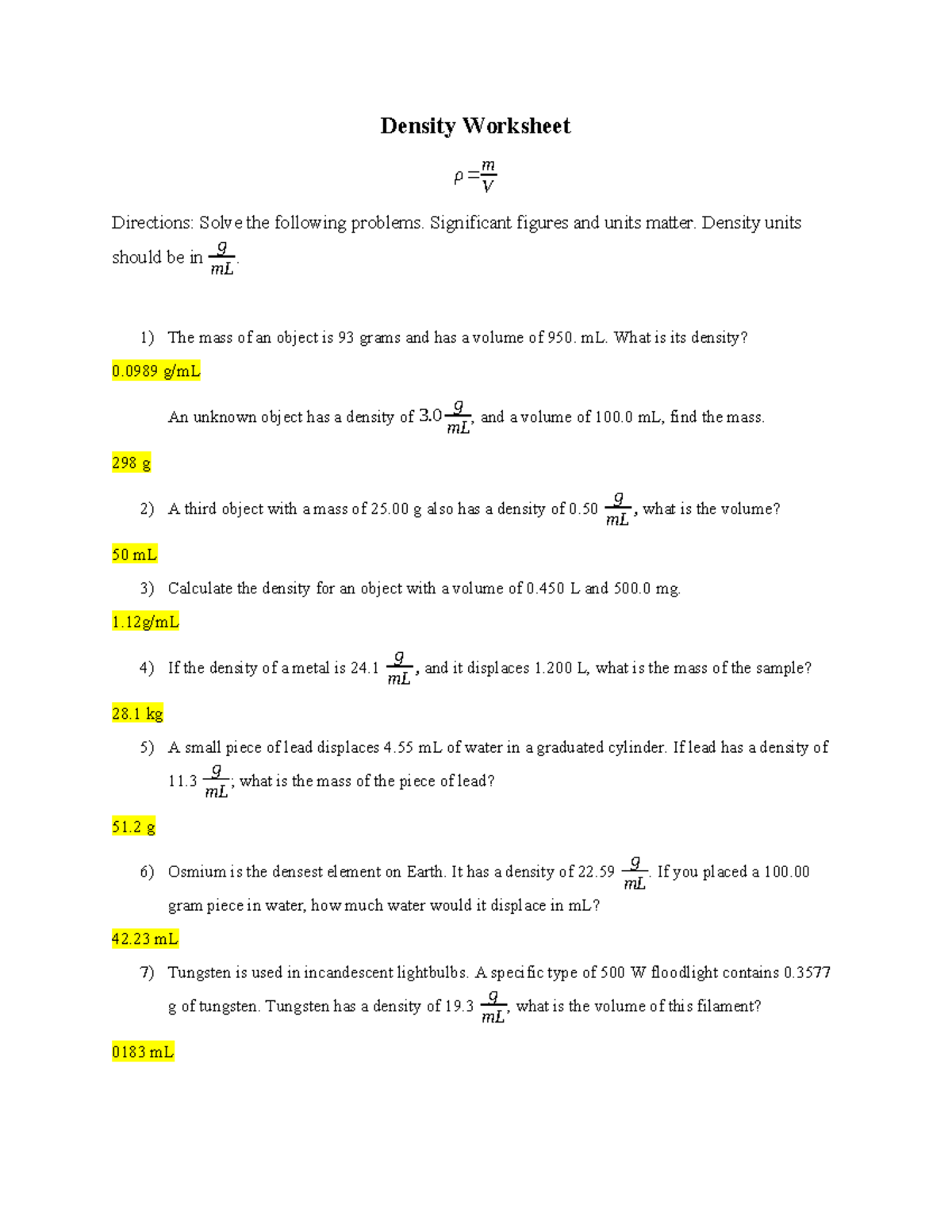 Density Worksheet-1 - Density Worksheet ρ= m V Directions: Solve the ...