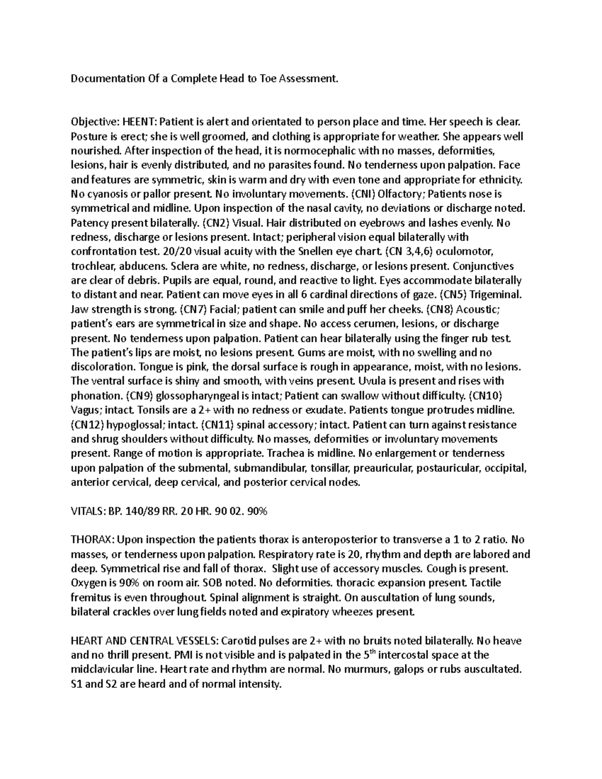 Documentation Of a Complete Head to Toe Assessment - Objective: HEENT ...