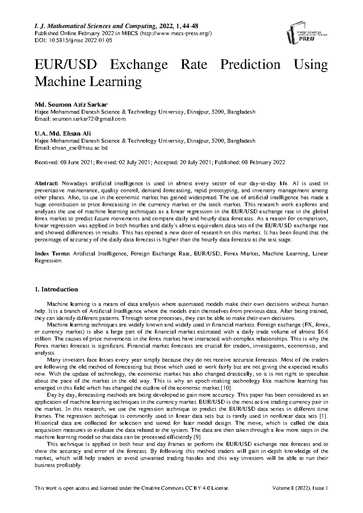 Forex Prediction Machine learning - I. J. Mathematical Sciences and ...