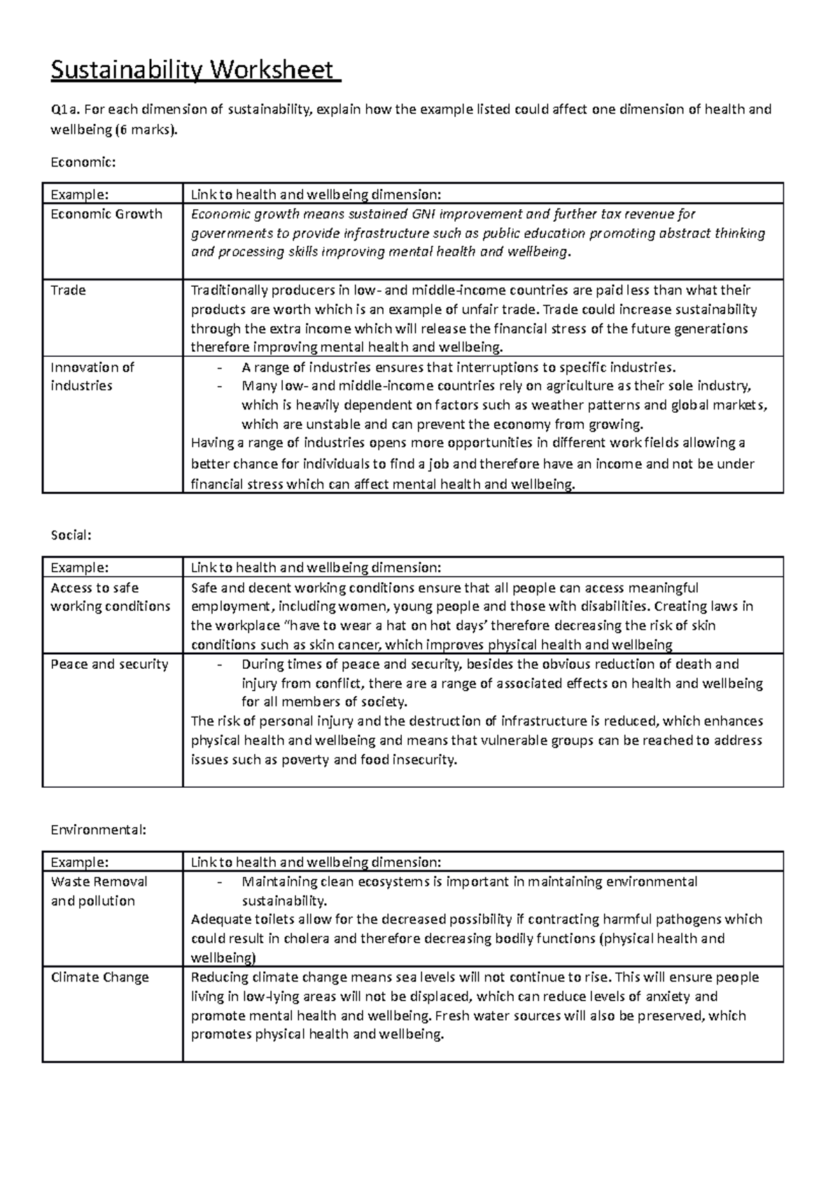 Sustainability Worksheet - For each dimension of sustainability ...