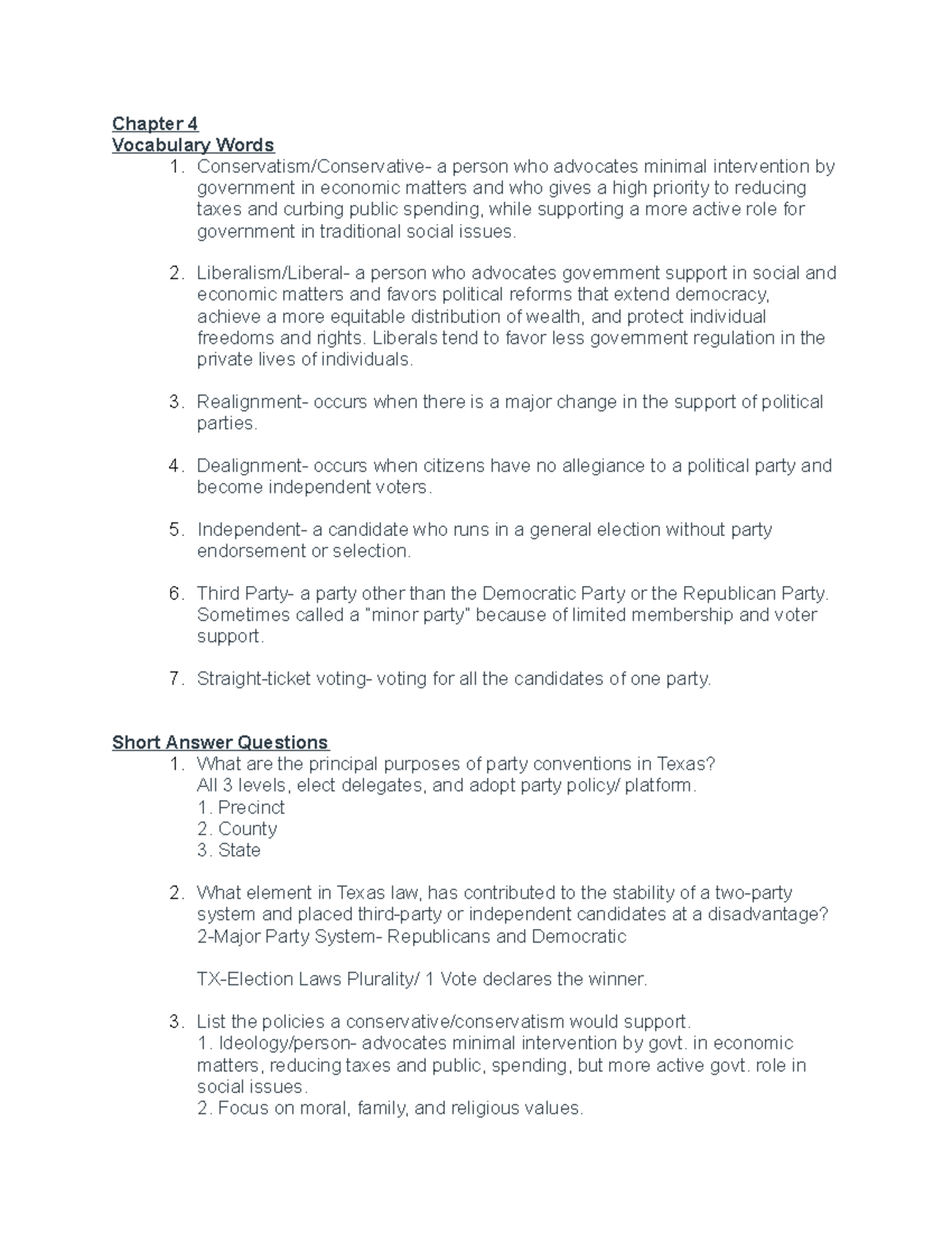 Texas Government Exam 2 Review- Chapter 4 - Chapter 4 Vocabulary Words ...