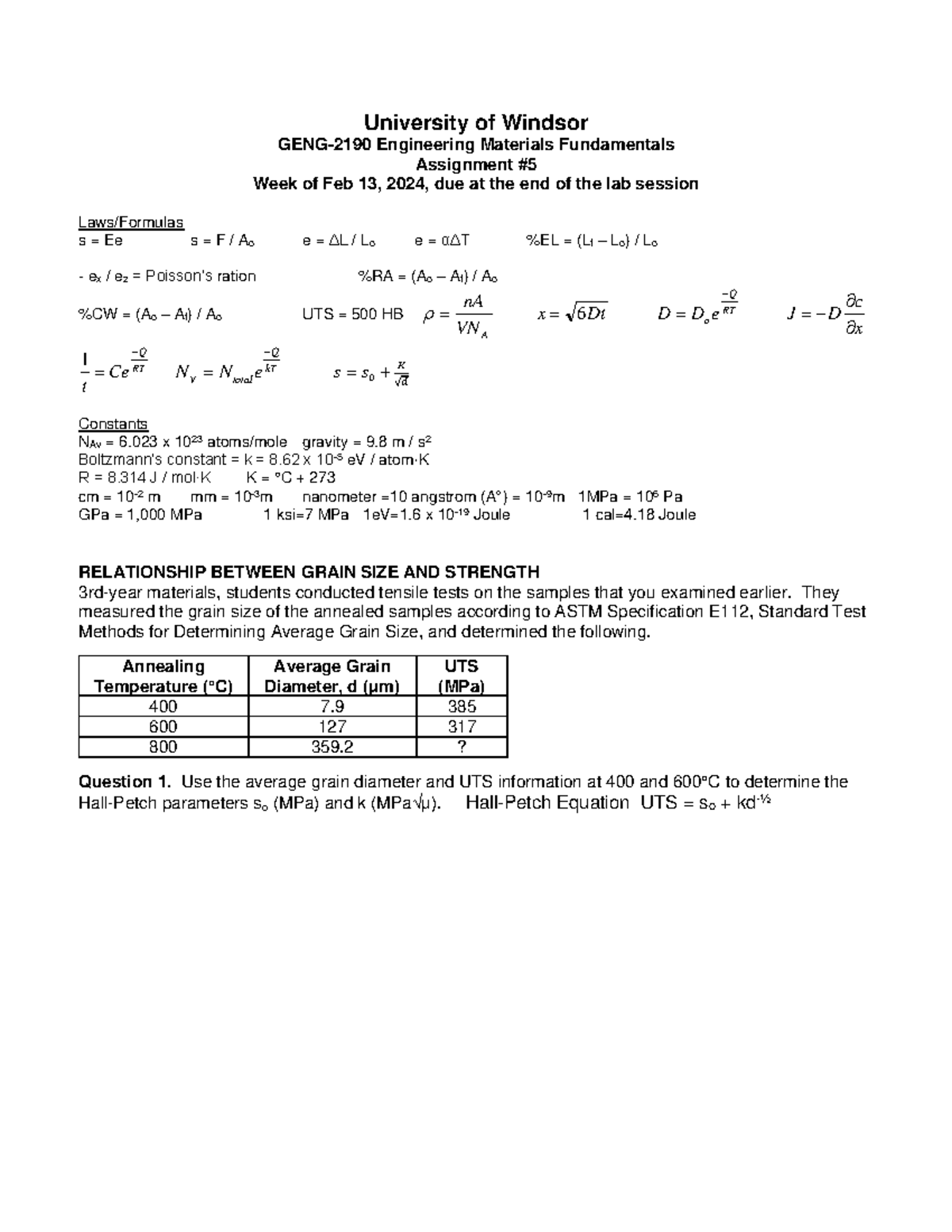 Tutorial 5 - University of Windsor GENG- 2190 Engineering Materials ...