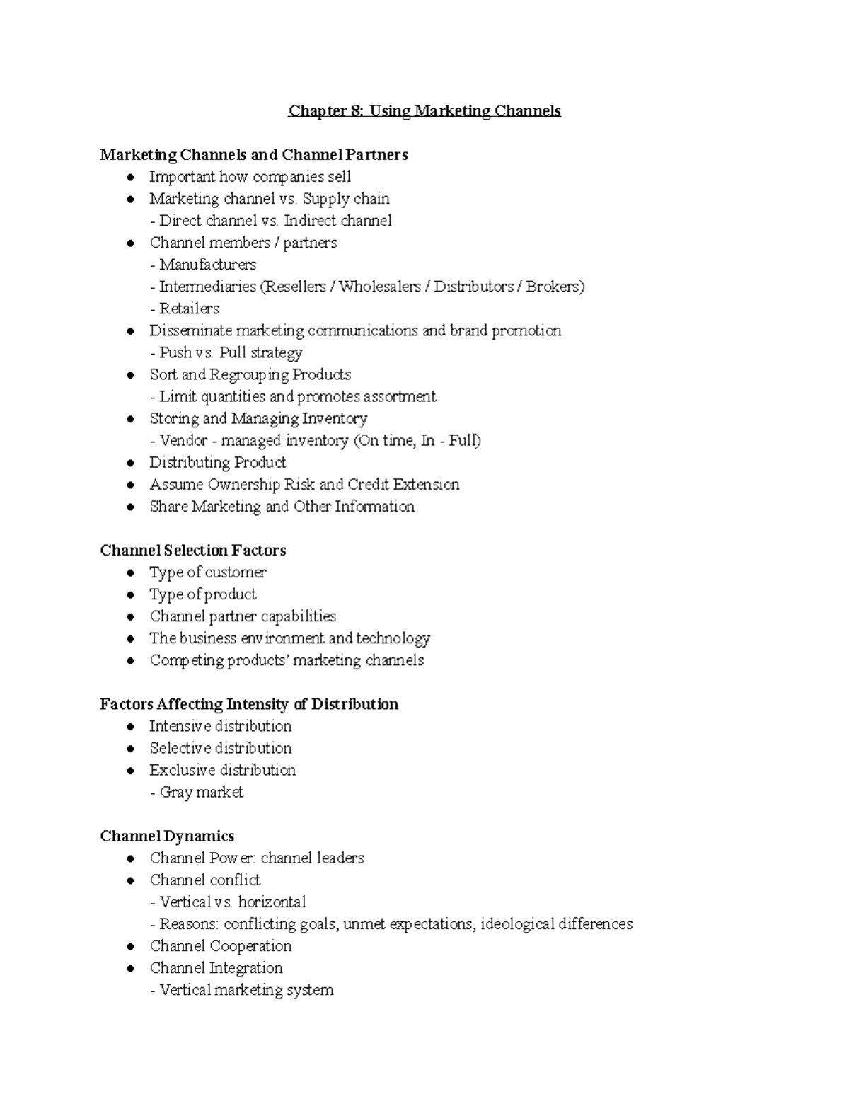Chapter 8 Notes - Chapter 8: Using Marketing Channels Marketing ...