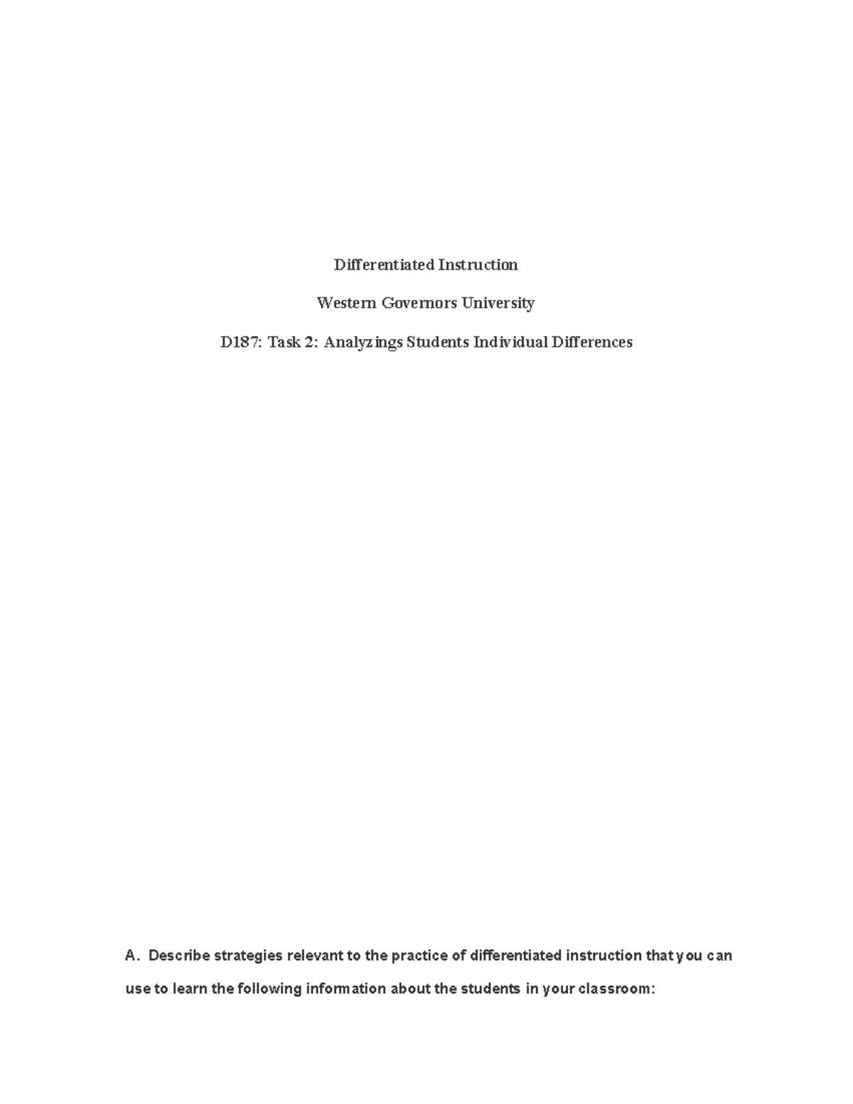 Differentiated Instruction Task 2 - Differentiated Instruction Western ...