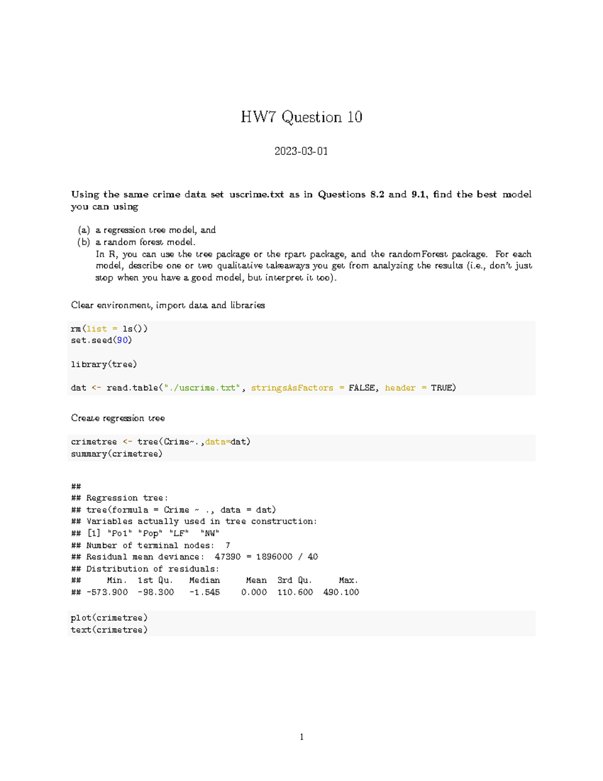 week 7 solution - HW7 Question 10 2023-03- Using the same crime data set uscrime as in Questions ...