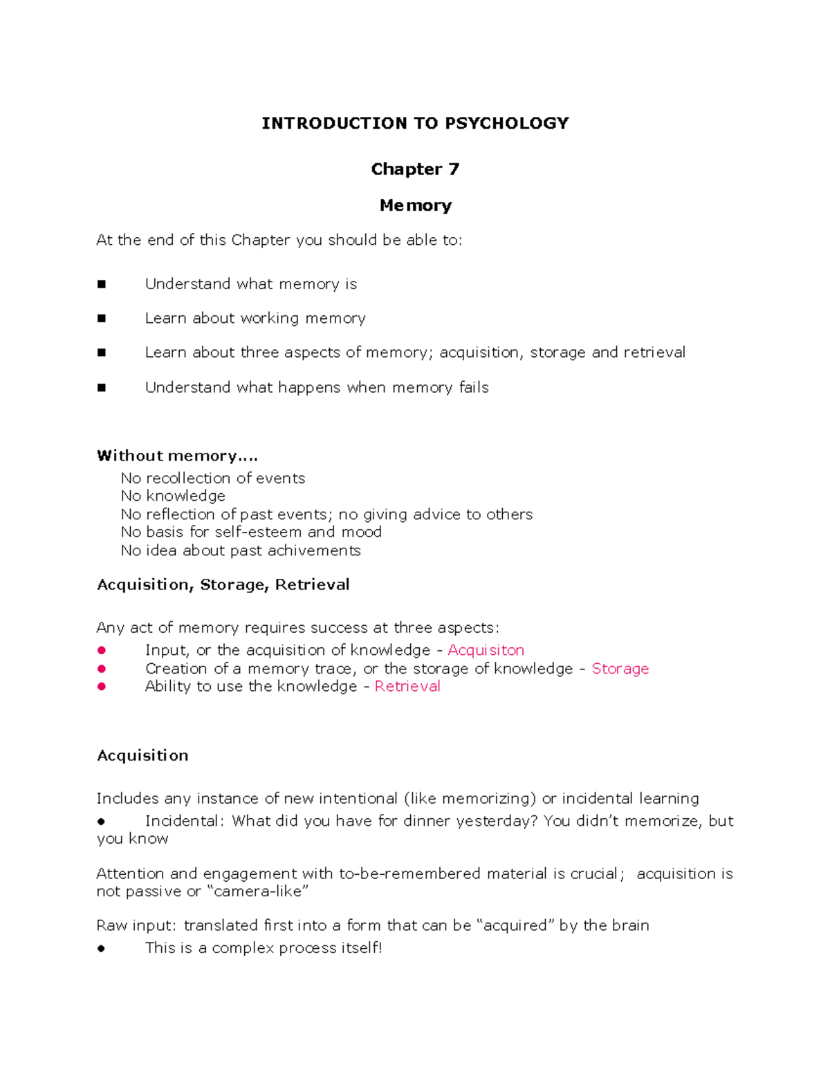 Psychology of Memory Notes - INTRODUCTION TO PSYCHOLOGY Chapter 7 ...