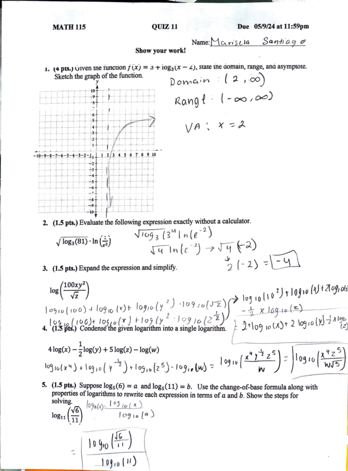 Quiz 11 - Math notes - I, , - MATH115 QUIZ 11 Show your work! Due 05/9 ...