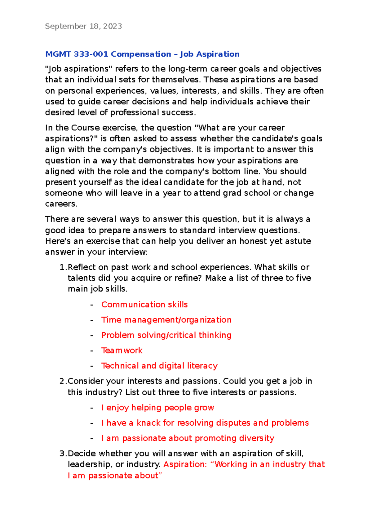 Job Aspiration Exercise-1 - September 18, 2023 MGMT 333-001 ...