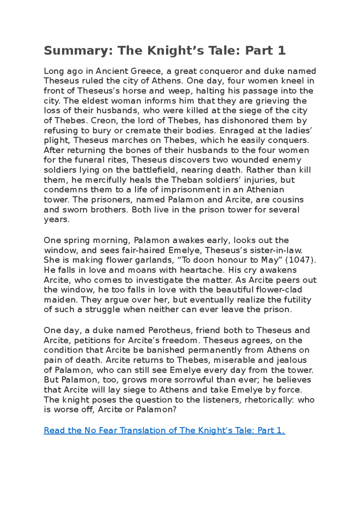 CANTERBURY TALES - Summary: The Knight’s Tale: Part 1 Long ago in ...