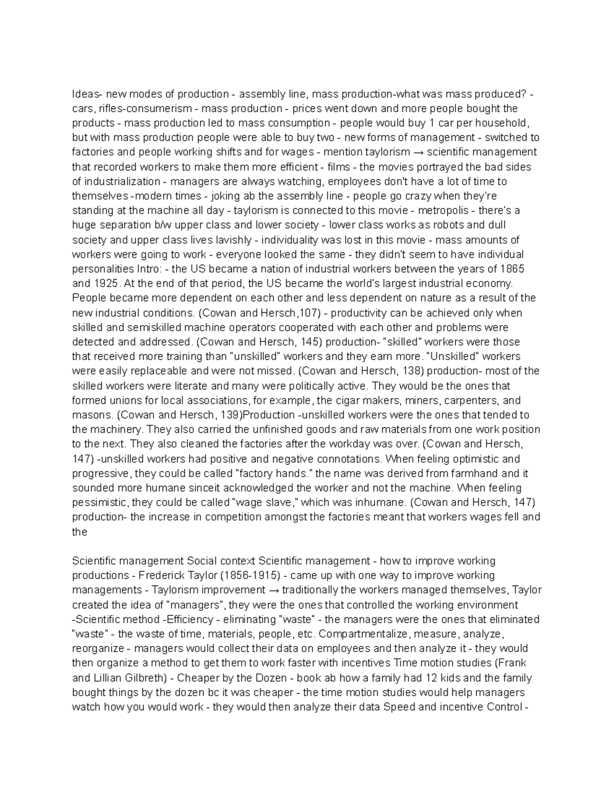 Midterm 2 Lectrue Notes Ideas New Modes Of Production Assembly Line Mass Production What