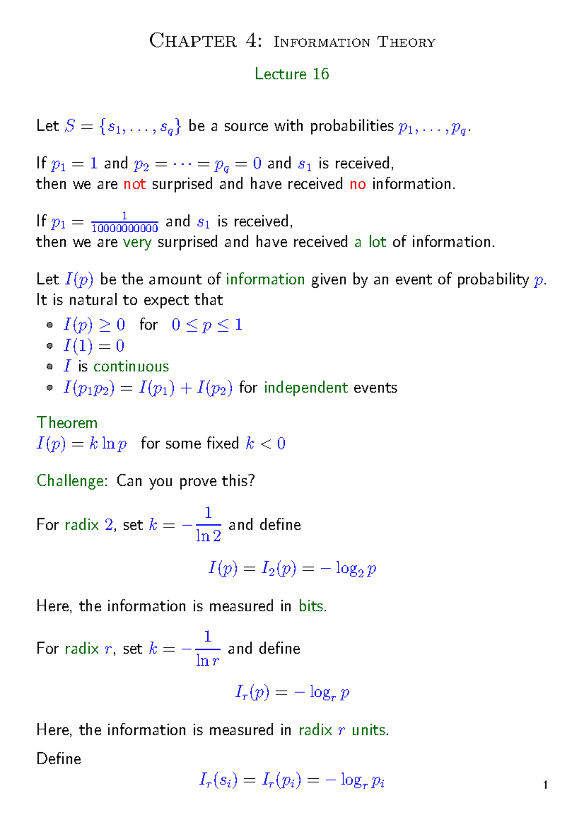 Chapter 4 - Lectures 16-19 - Chapter 4: Information Theory Lecture 16 Let S = {s 1 ,... , sq} be ...