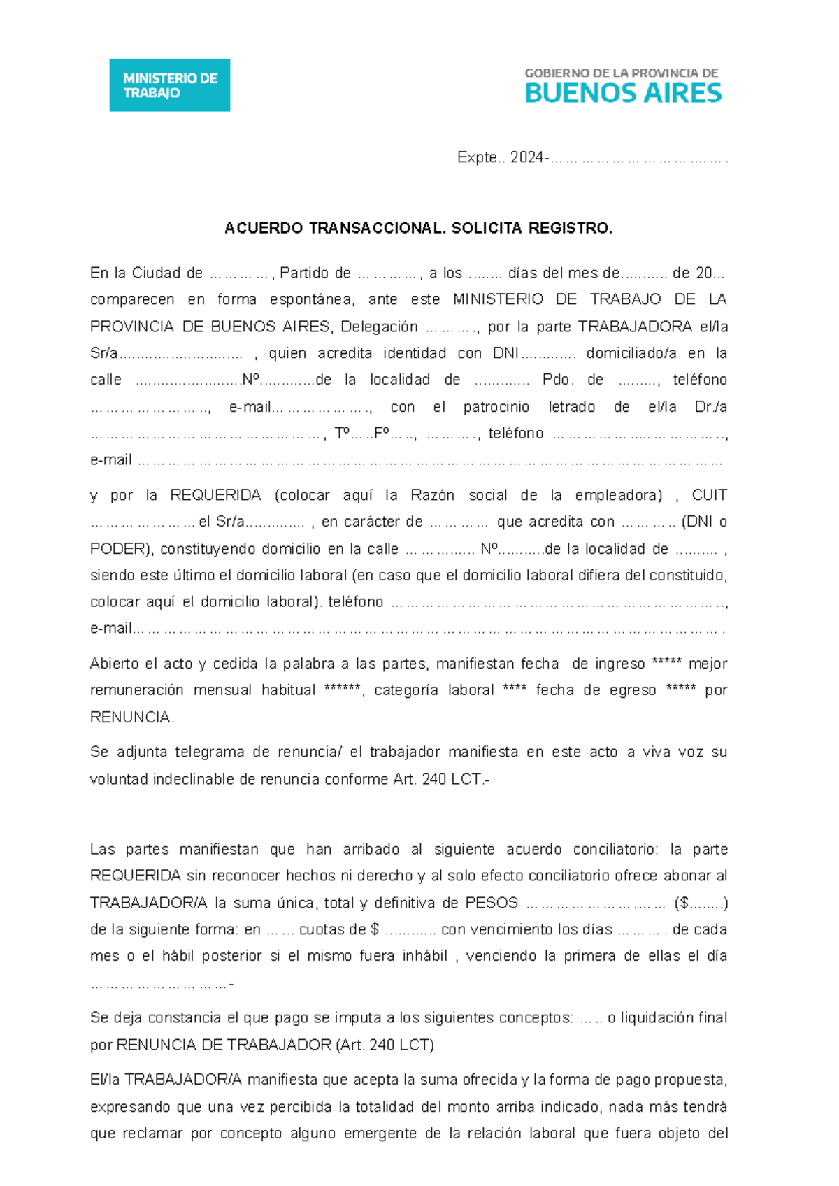 1015 AC Transaccional. SOL Registro. ART 240 LCT - Expte.. 2024