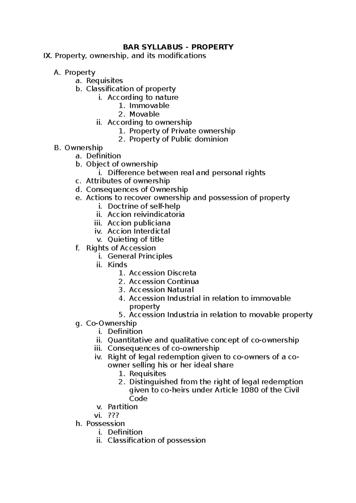 BAR Syllabus - ........ - BAR SYLLABUS - PROPERTY IX. Property ...