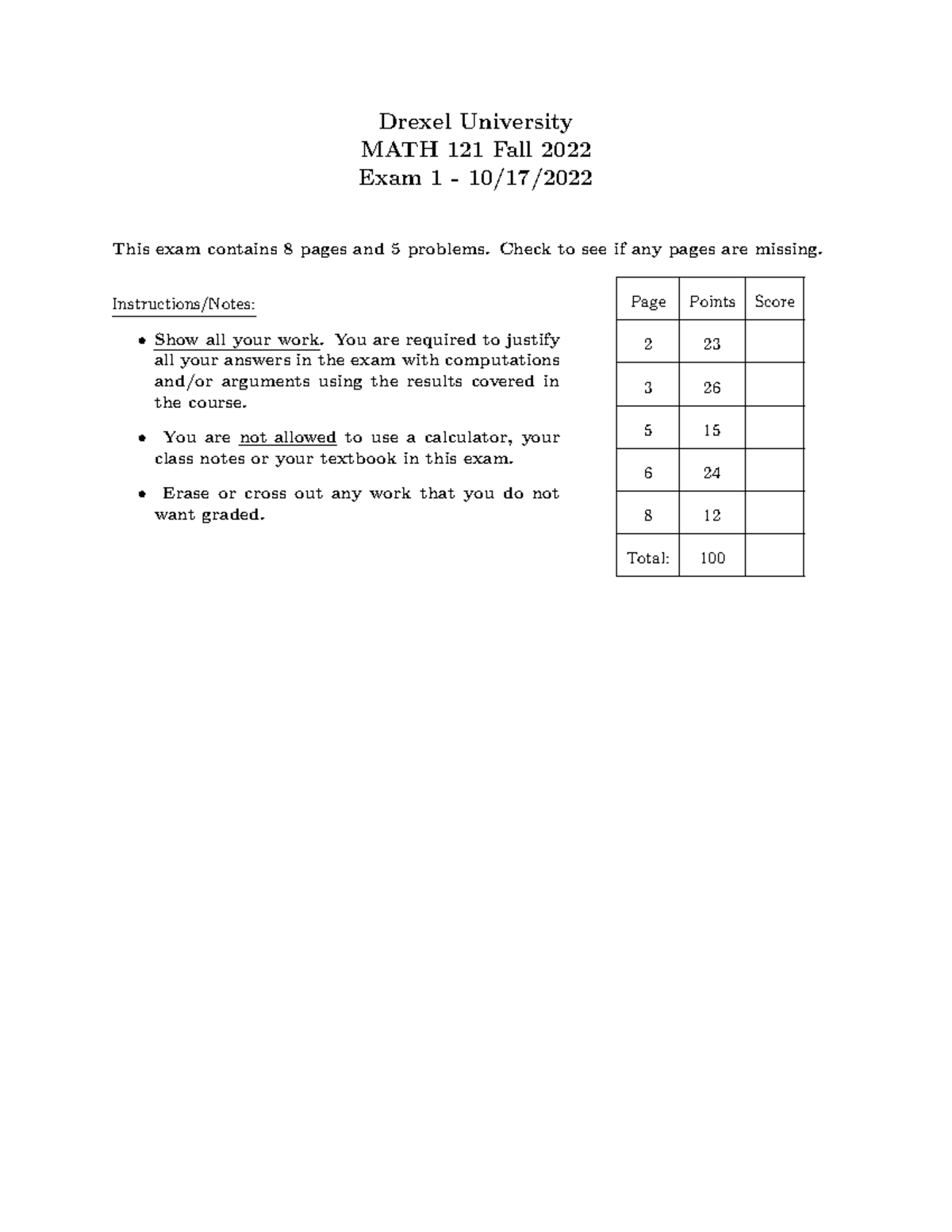 121Exam1 - Practice Exam 1 for MATH 121 - Drexel University MATH 121 ...