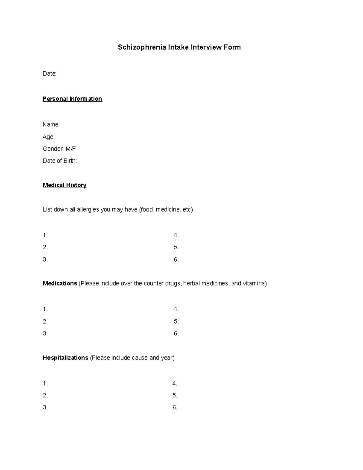 Intake Interview Form for Schizophrenia - Schizophrenia Intake ...