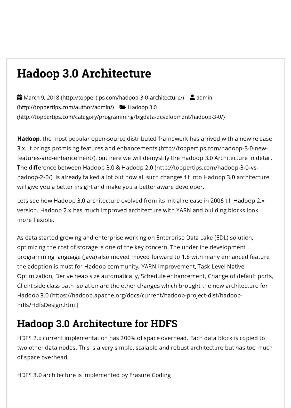 Hadoop 3 - Hadoop 3 Architecture ! March 9, 2018 (toppertips/hadoop-3-0 ...