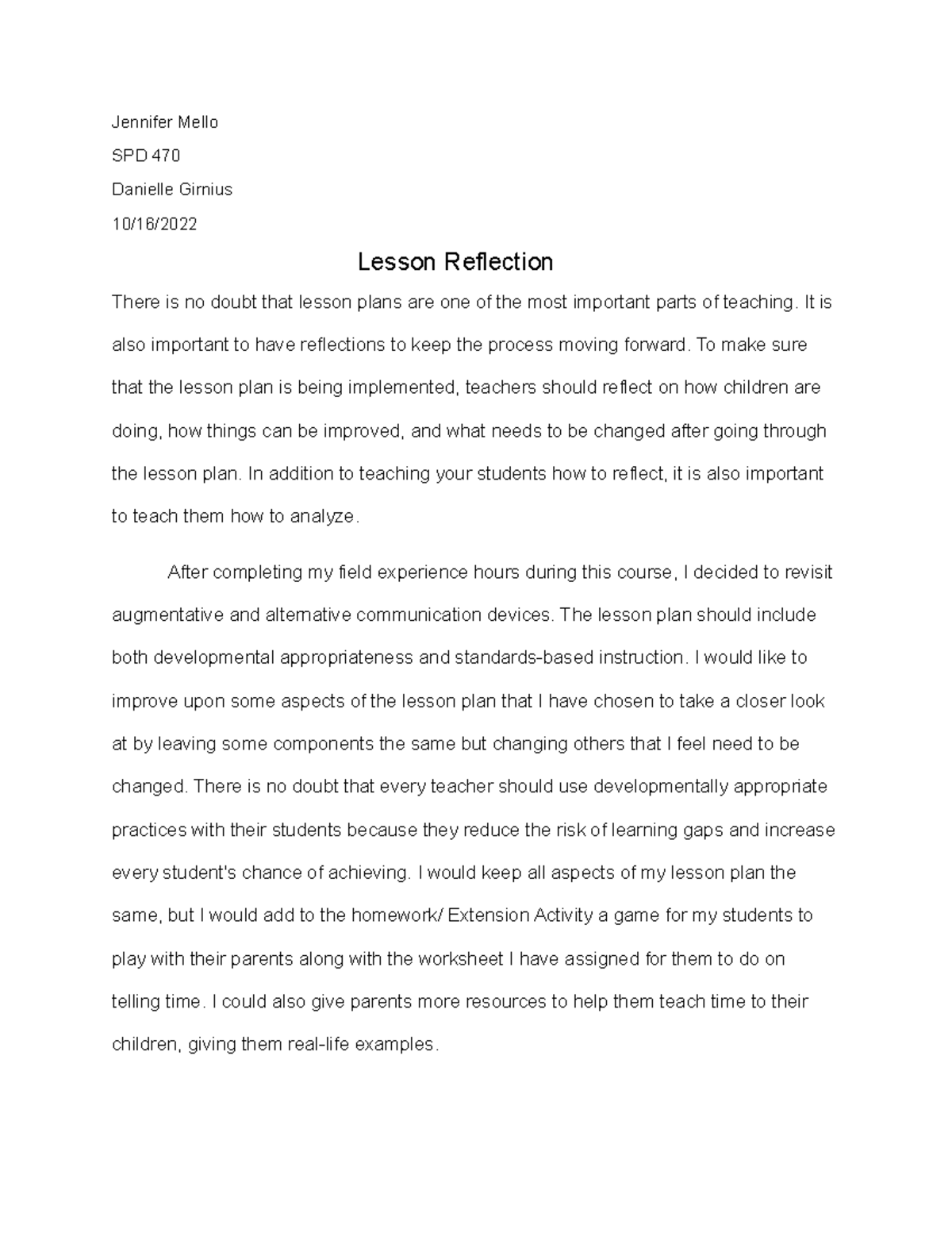 Lesson Reflection - Jennifer Mello SPD 470 Danielle Girnius 10/16 ...