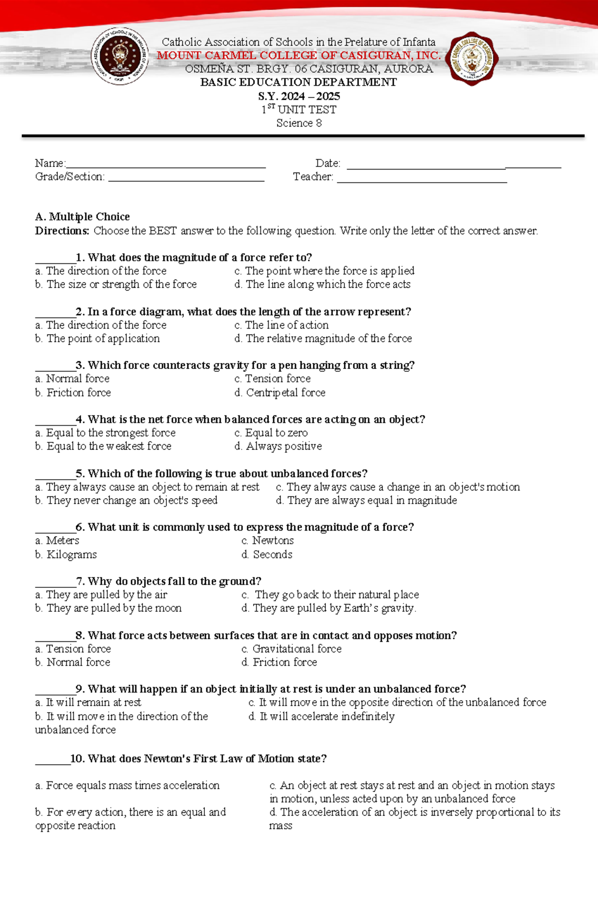 1st UNIT TEST - UNIT TEST - Catholic Association of Schools in the ...