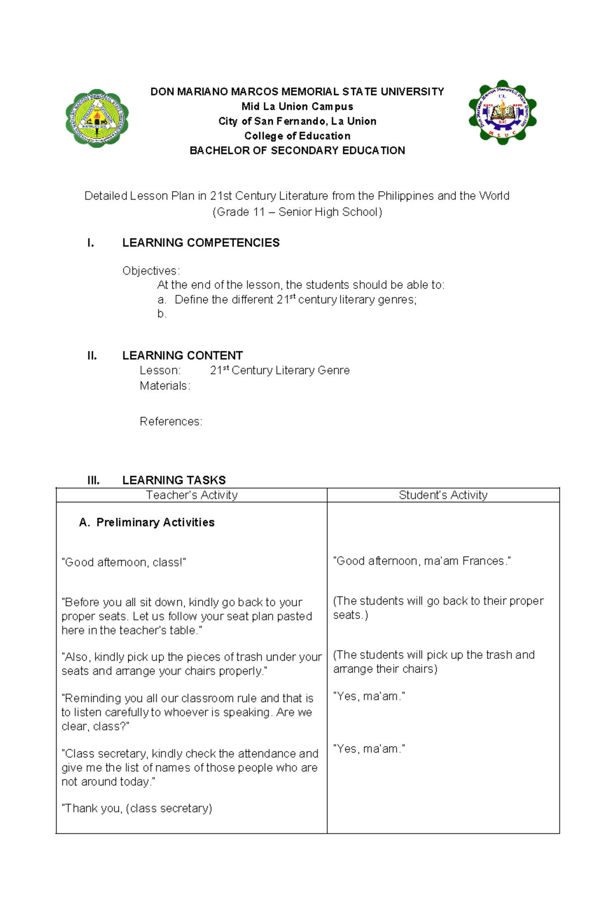 Detailed Lesson PLAN ON 21ST Century Literary Genres - DON MARIANO ...