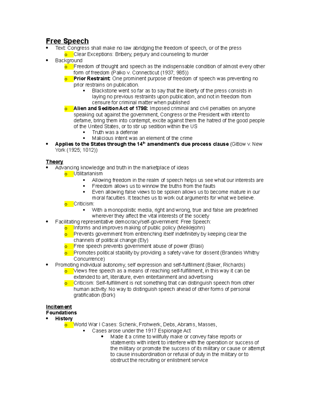First Amendment Outline - Free Speech Text: Congress shall make no law ...