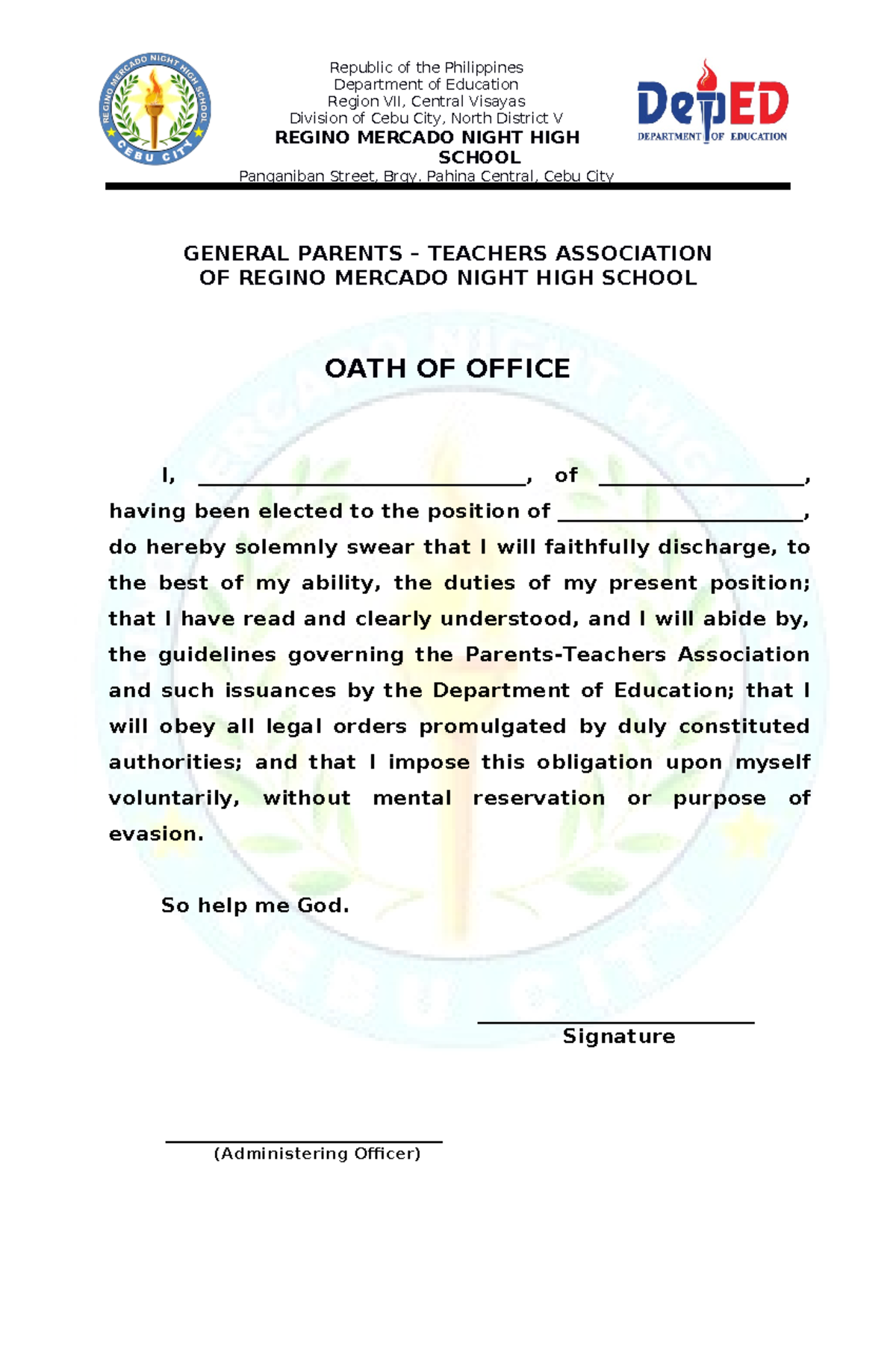 PTA OATH OF Office - GENERAL PARENTS – TEACHERS ASSOCIATION OF REGINO ...