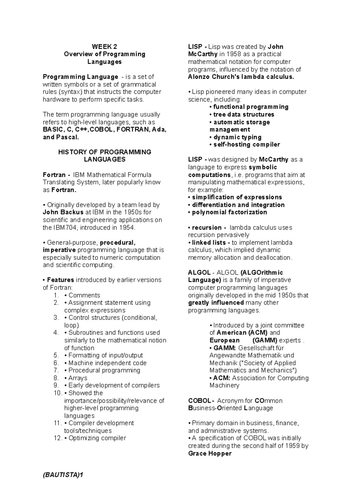 Bautista IPT101 - WEEK 2 Overview of Programming Languages Programming ...