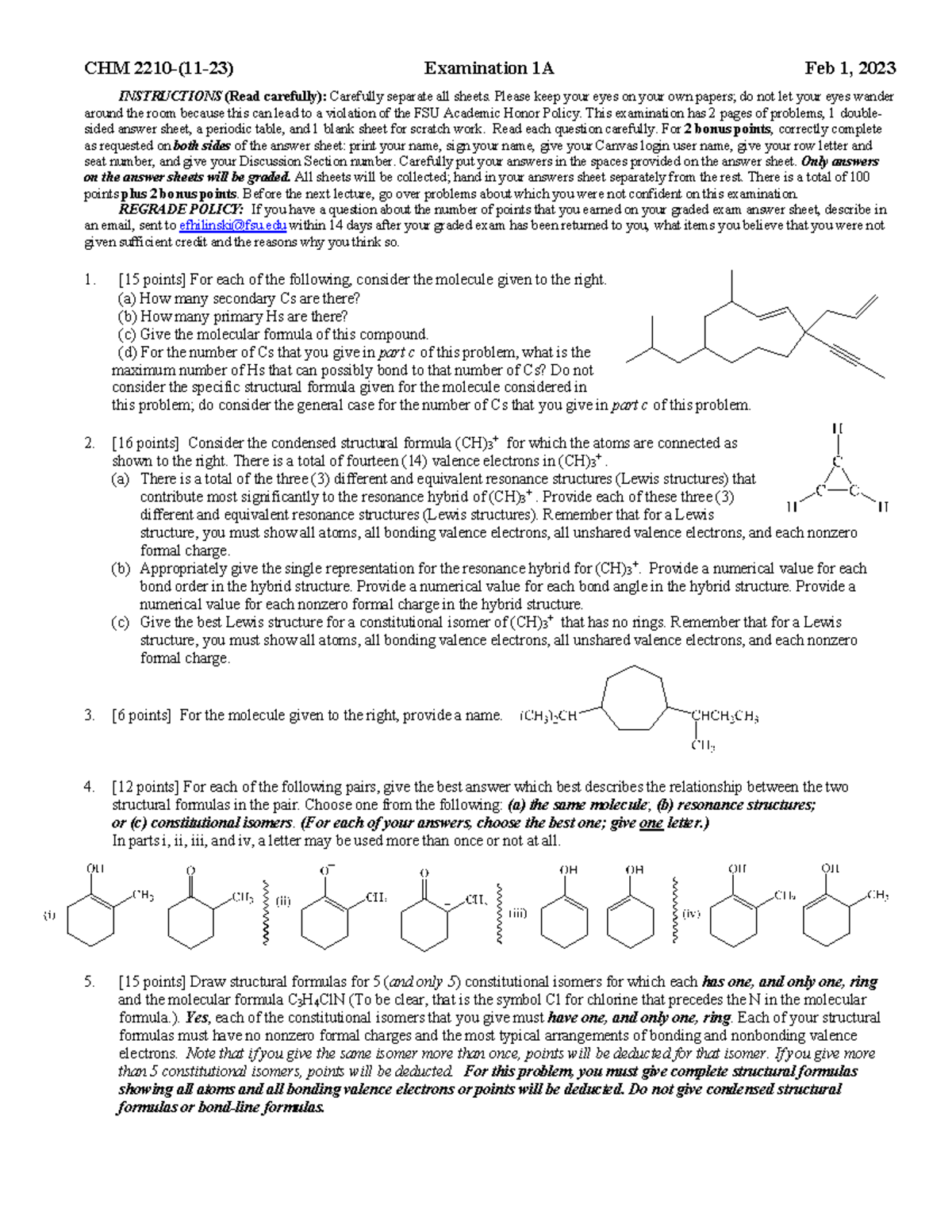 Exam1A CHM 2210-(11-23) Spring 2023 - problems and blank answers sheet ...