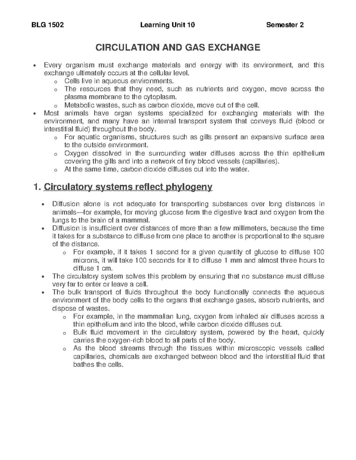 Study unit 10 - CIRCULATION AND GAS EXCHANGE - CIRCULATION AND GAS ...