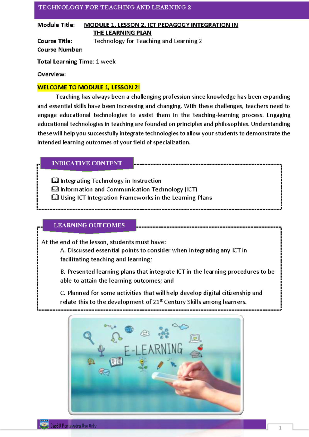 ICT Pedagogy Integration IN THE Learning PLAN - Module Title: MODULE 1 ...