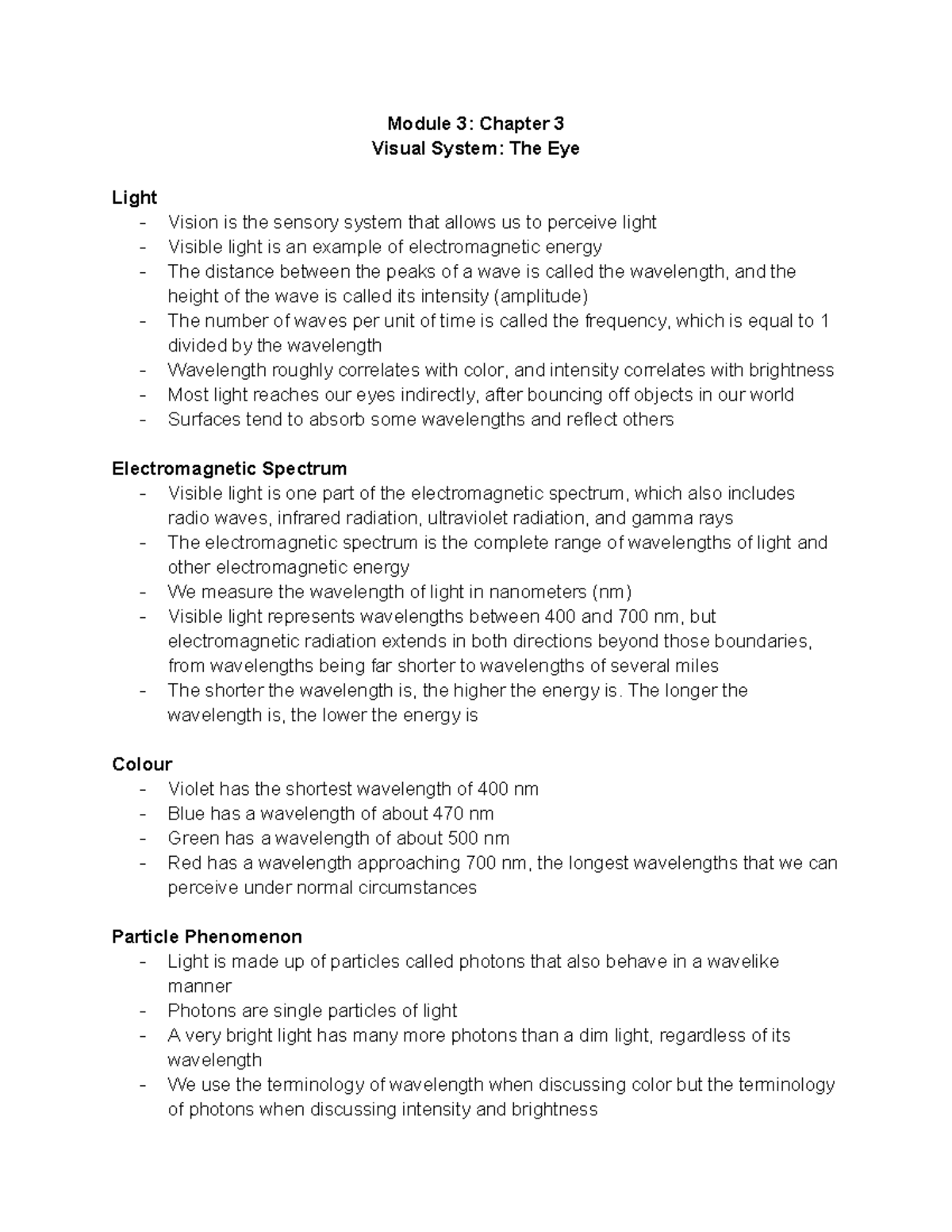 Perception Notes - Module 3: Chapter 3 Visual System: The Eye Light ...
