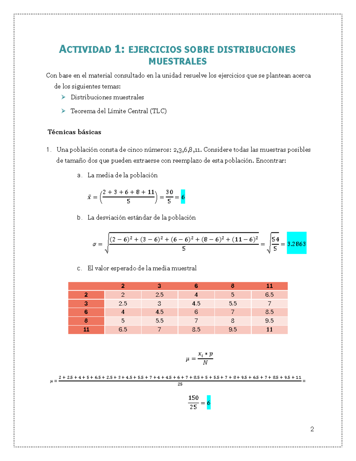 Ejercicios - ACTIVIDAD 1: EJERCICIOS SOBRE DISTRIBUCIONES MUESTRALES Con base en el material ...